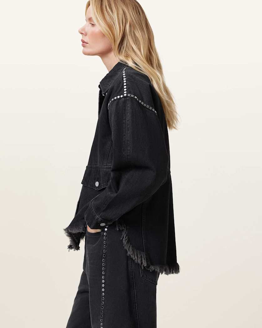 Hettie Studded Oversized Denim Shacket Washed Black | ALLSAINTS
